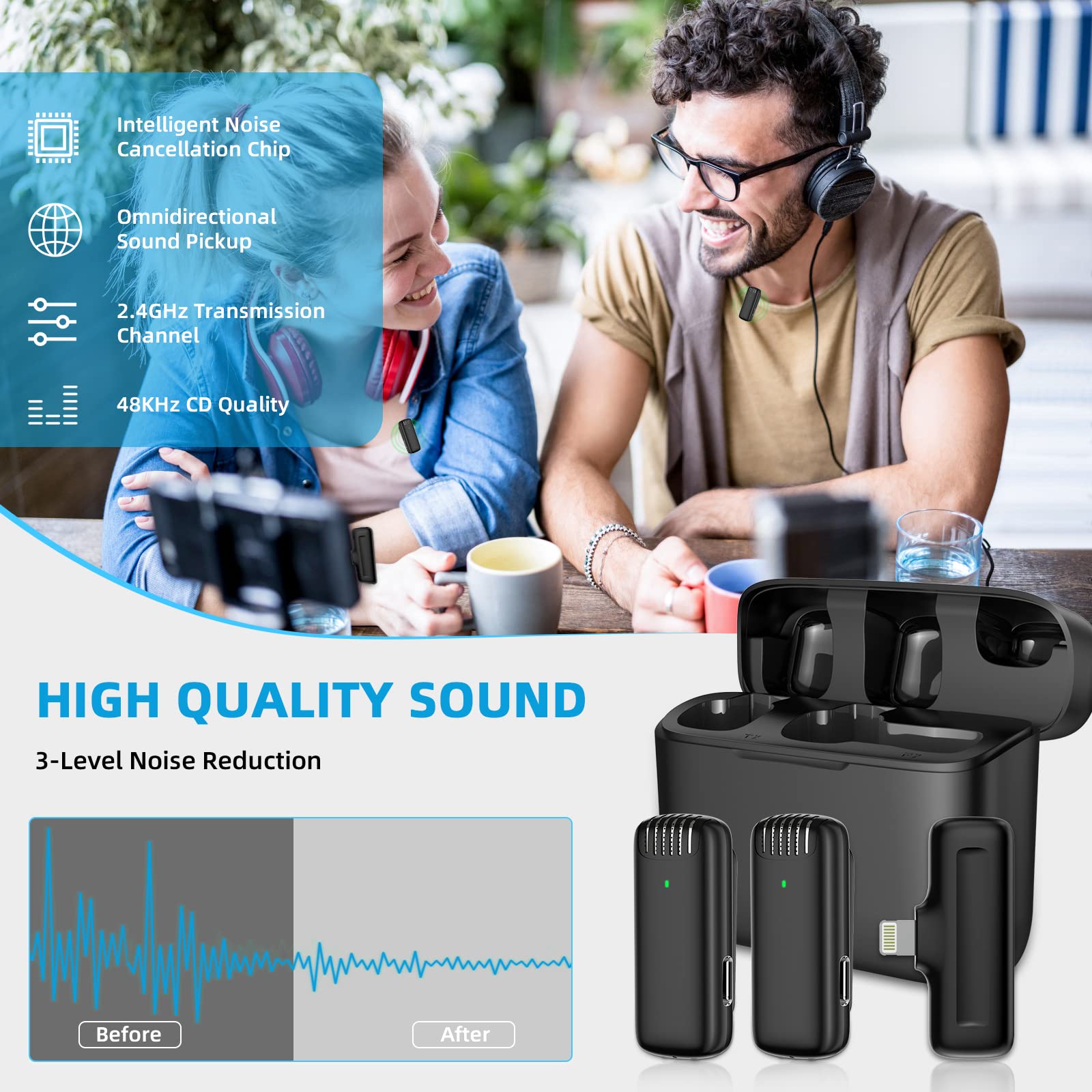 2 Pack Wireless Lavalier Microphone for iPhone iPad Lapel Microphone Wireless with Charging Case Clip on Microphone Mic for iphone Video Recording Interview Vlog Live Stream Plug-Play Noise Reduction