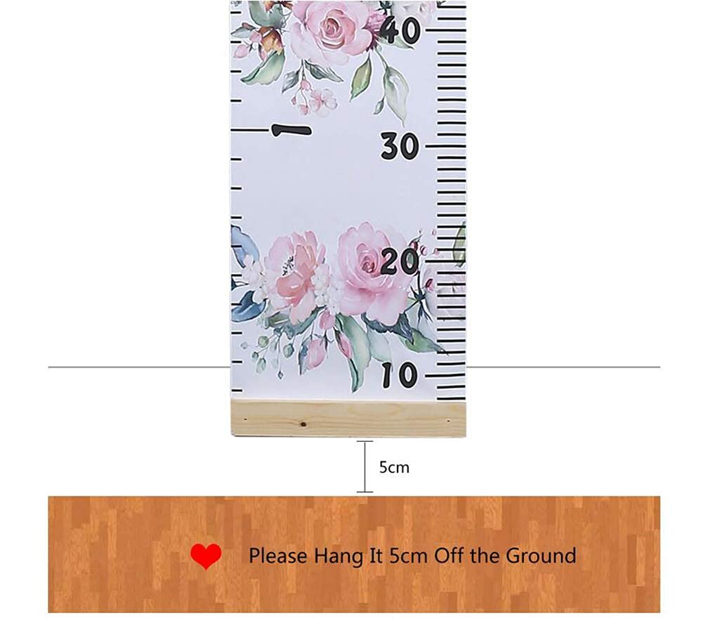 Baby Growth Chart Ruler Kids Roll-up Height Chart Wall Hanging Measurement Chart Wall Decor with Wood Frame for Kids Nursery Room Canvas Removable Height Growth Chart 8'' x 79'' (Pink Flower)