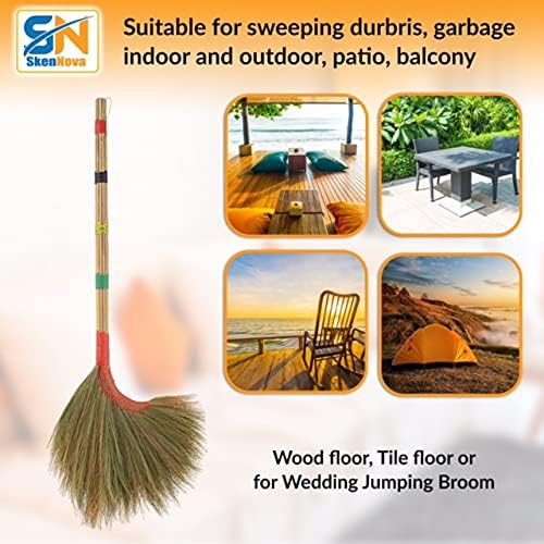 SN SKENNOVA - 40-inch Tall of Thai Grass Broom Asian Straw Broom Whisk Broom House Broom Handmade for Sweeoing wth Multi Color Handle on random