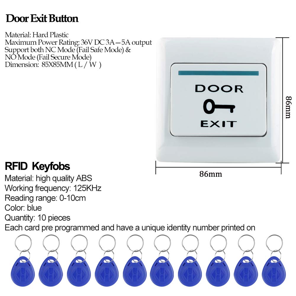 HFeng RFID Access Control System Kit Outdoor IP68 Waterproof Access Control Keypad + NC Fail Safe Electric Strike Locks + DC12V Power Supply + 10pcs 125KHz EM4100 Keyfobs Cards