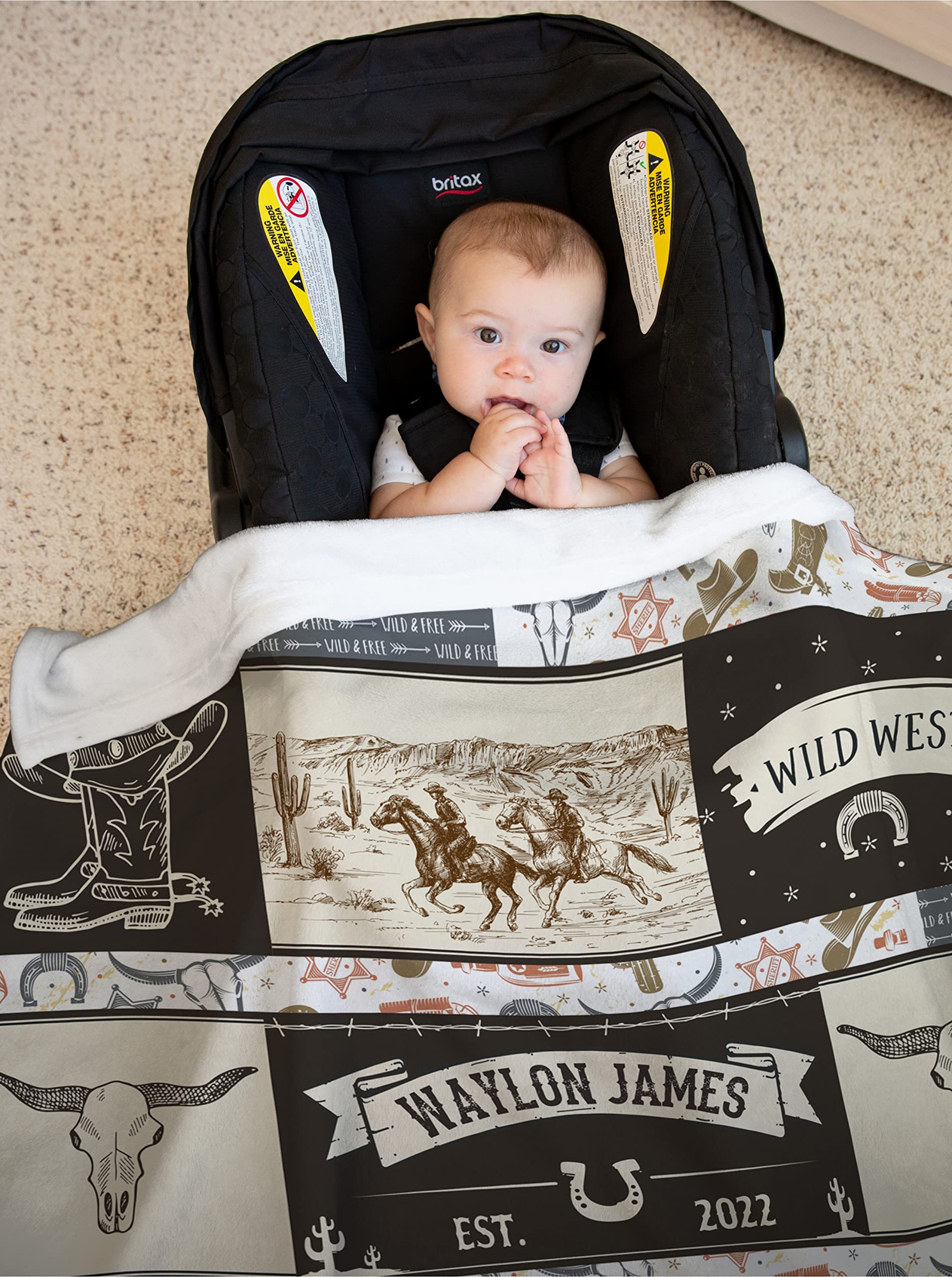 Personalized Western Cowboy Baby Blanket for Boys Lightweight Super Soft Minky Fleece (30" x 40", White on Back)
