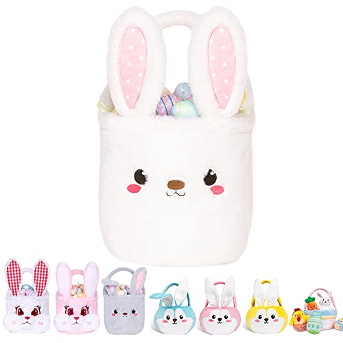Bunny Easter Basket for Kids, Cute Plush Empty Bucket with Foldable Ears and Handle Egg Hunt Tote Candy Bag Basket for Boy Girl Teens Gift, Easter Basket Decor White 9×9 Inch