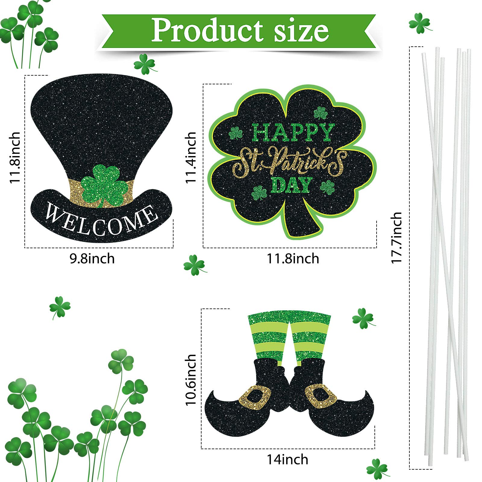 3 Pieces St. Patrick's Day Yard Signs with Stakes, St. Patrick's Day Clover Signs Outdoor Lawn Decorations Irish Leprechaun Horseshoe Shamrock with Happy St Patrick's Day Sign with Stakes