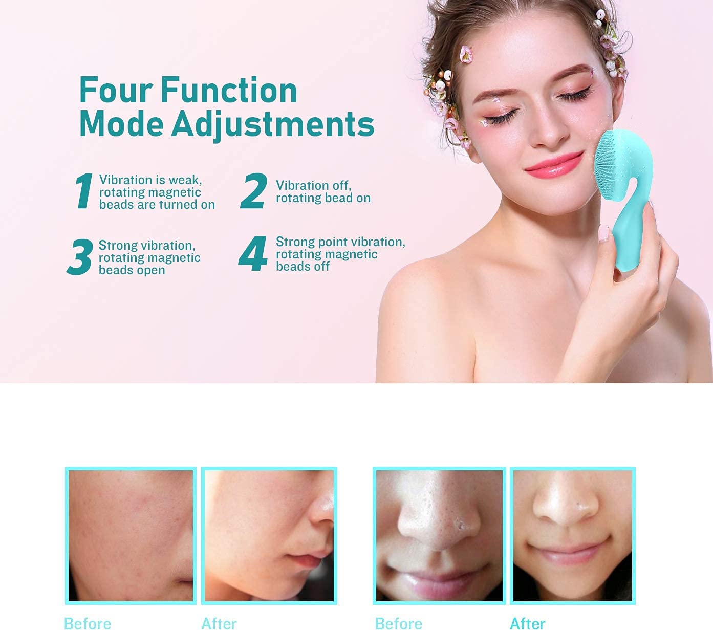 Caytraill Facial Cleansing Brush- Face Brush – 4 Function Modes – Rotating Magnetic Beads – Waterproof & Rechargeable – Portable & Ergonomic Handle – Skin Rejuvenation&Cleansing&Massage (Cyan)