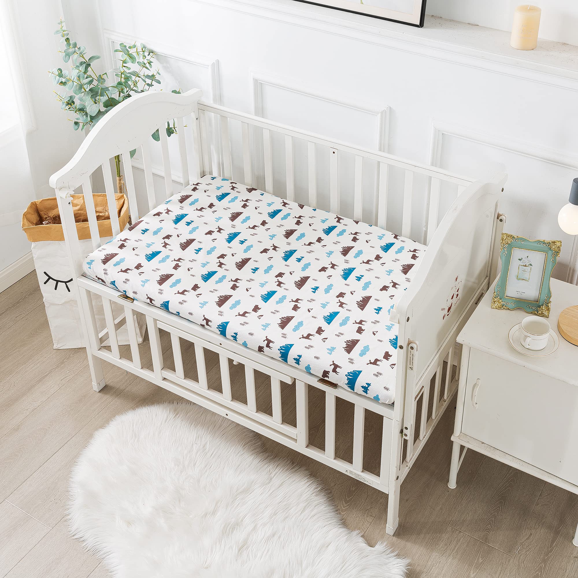 Soul & Lane 3-Piece Cotton Forest Animals Crib Bedding Set for Boys - Comforter, Crib Sheet, Changing Pad Cover: Woodland Friends Crib Bedding Set, Deer Bear Blue Nursery Quilt, Mountain Crib Sheet
