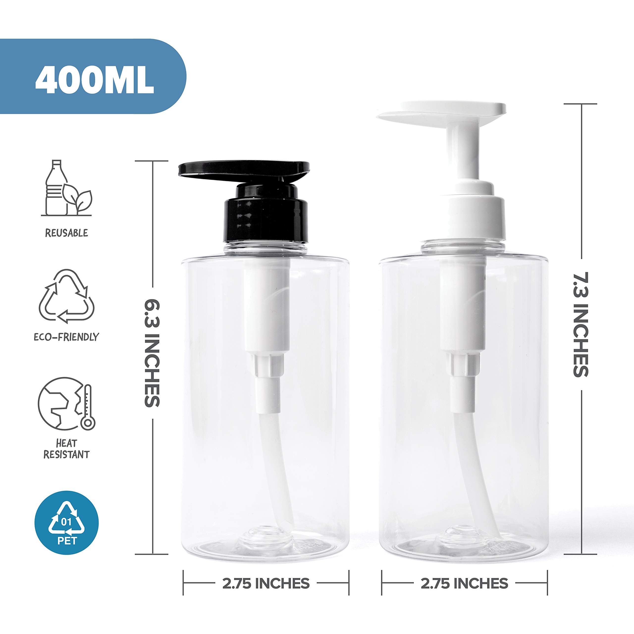 2-Pack of Plastic Pump Bottles, 14oz (400ml) Clear Refillable Hand Lotion Bottle with Pump Dispenser, Easy to Use Empty Small Pump Bottle for Shampoo Dispenser Soap Bottles, Black and White Pumps
