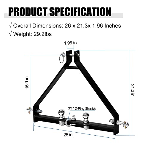 3 Point Trailer Hitch Receiver, Heavy Duty Drawbar Traile Hitch Cat 1, Quick Hitch Tractor Attachments Compatible (Black)
