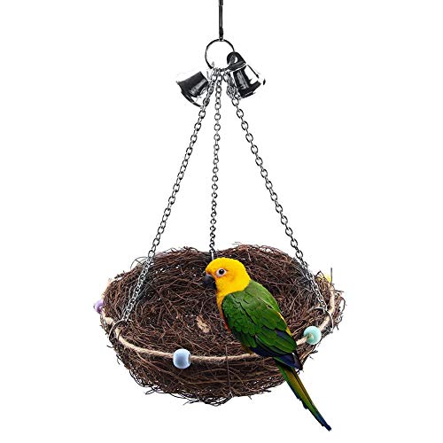 Birds Nest, 2 Sizes Rattan Birds Parrot Straw Nest Swing Hanging Toy with Bells Toys(27 * 12cm)
