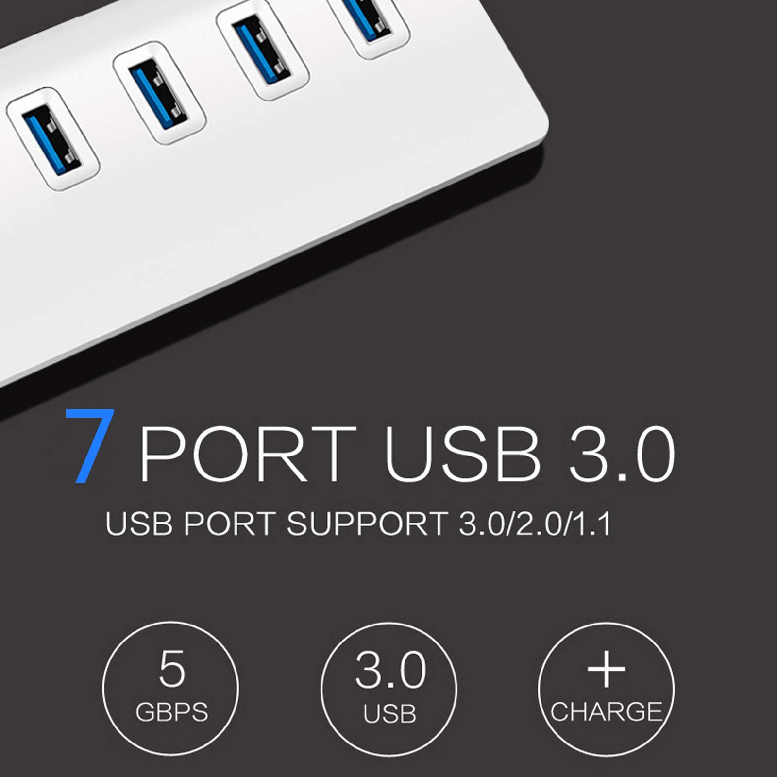 USB Hub, 7-Port Charging Interface Expansion, USB 3.0 High-Speed Data Transmission, for Desktop/Laptop Computers… (Silver)