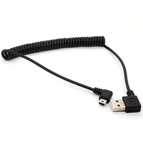 Coiled Mini USB Cable, 90 Degree Spring USB 2.0 to Mini USB Cable Cord, Right Angle Charging and Sygn Mini USB Adapter Lead