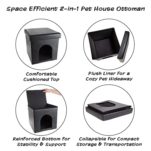 Cat House β Collapsible Multipurpose Small Dog or Cat Ottoman with Footrest, Cushioned Top, and Interior Pillow by PETMAKER (Black)