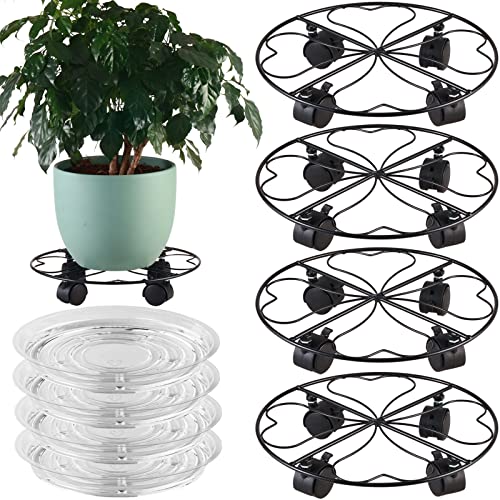 4 Packs Metal Plant Caddy with Wheels 12β Heavy-Duty Wrought Iron Rolling Plant Stands with Casters Indoor and Outdoor Plant Pot Roller Base Plant Movers Saucers with Wheels, Glossy Black