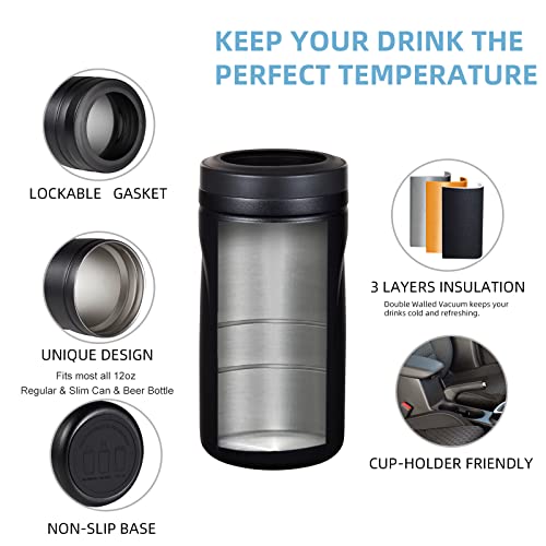 COKTIK 5 in 1 Insulated Can Cooler, Doublae Wall Slim Can Cooler for 12 oz Regular or Slim Cans & Beer Bottle (BLACK)