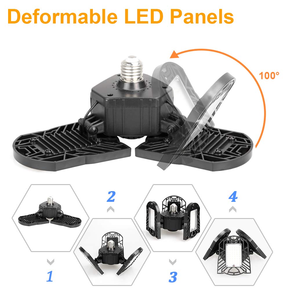 2 Pack 40W LED Garage Lights, Axcelight 4000LM 3 Multi-Position Panels Deformable Garage Ceiling Lighting, 6000K Daylight White with Wide Coverage Angle for Garage Warehouse Workshop Basement Gym Shop
