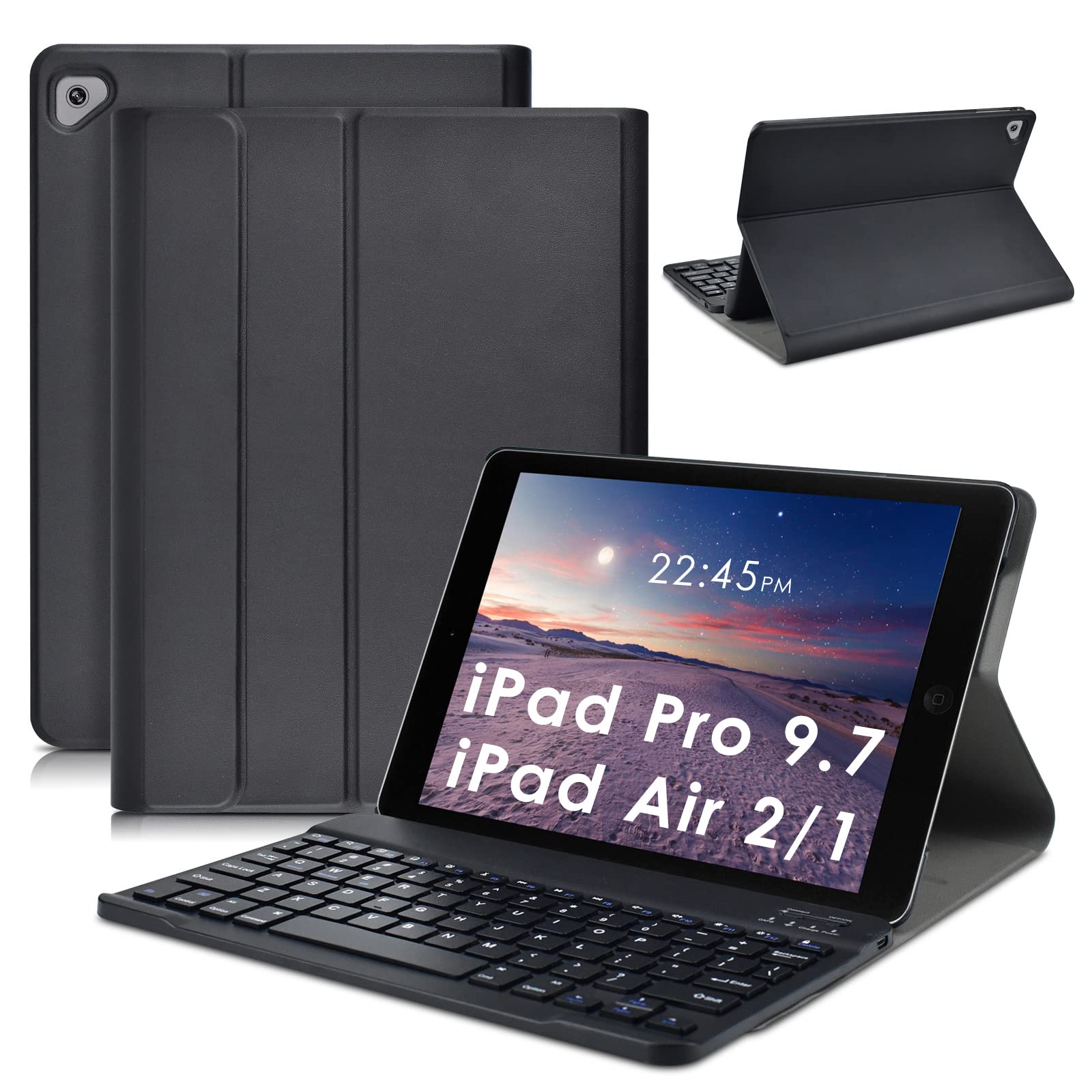 DETUOSI iPad 9.7" Case with Keyboard for iPad Air 2/ Air 1, iPad Pro 9.7, iPad 9.7 inch 2017/2018 (5th/ 6th Gen), Detachable Wireless Keyboard + Multiple Angle Stand PU Leather Cover for iPad 9.7-inch