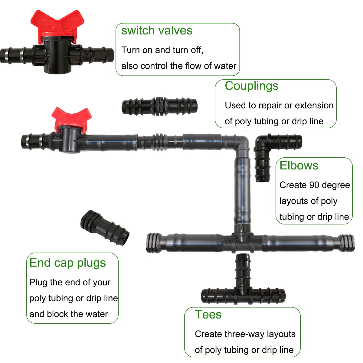Drip Irrigation Fittings Kit, Irrigation Barbed Connectors for 1/2" Tubing 34 Piece - 2 Switch Valves, 8 Couplings, 8 Tees, 8 Elbows and 8 End Cap Plugs, Irrigation Water Hose Connector 1