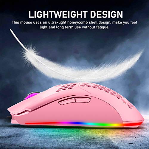 Pink Gaming Keyboard and Mouse,3 in 1 Rainbow LED Backlit Wired Mechanical Keyboard Blue Switch,RGB 6400 DPI Lightweight Gaming Mouse with Honeycomb Shell Gaming Mouse Pad for PC Gamers(Pink)