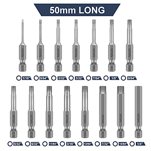 NAUIX 15 Piece Hex Head Allen Wrench Drill Bit Set, 1/4 Inch Hex Shank SAE S2 Steel Hex Bit Set, Magnetic Tips 50mm Long