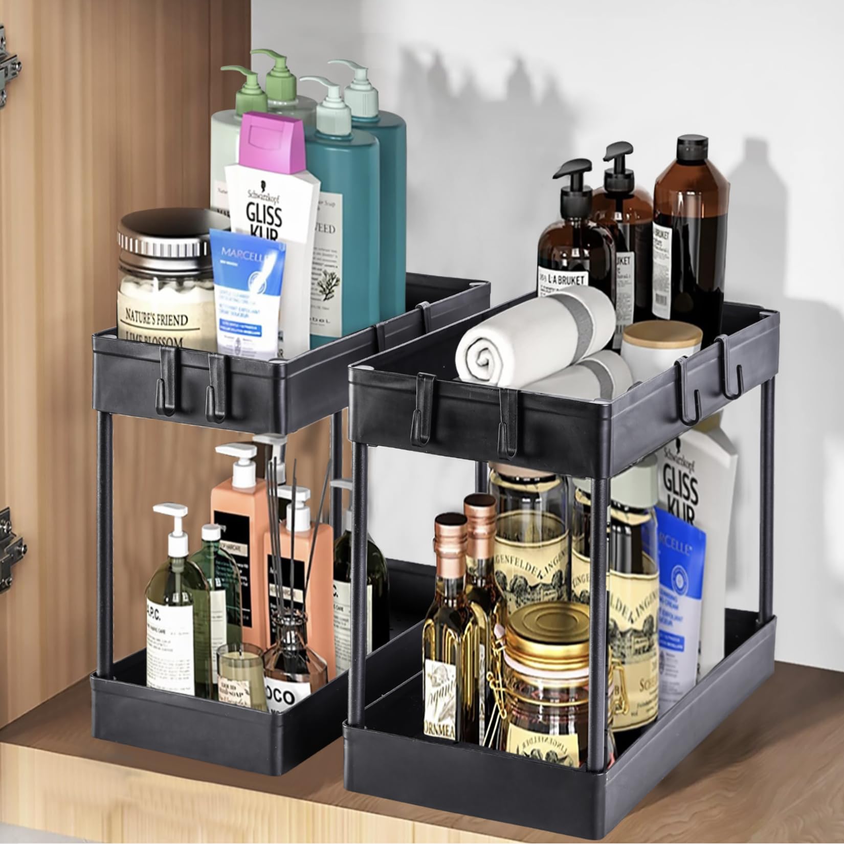 2 pcs under sink organizers and storage,2 Tier cabinet organizer,under sink organizer with 8 Hooks for Bathroom Kitchen,Black.
