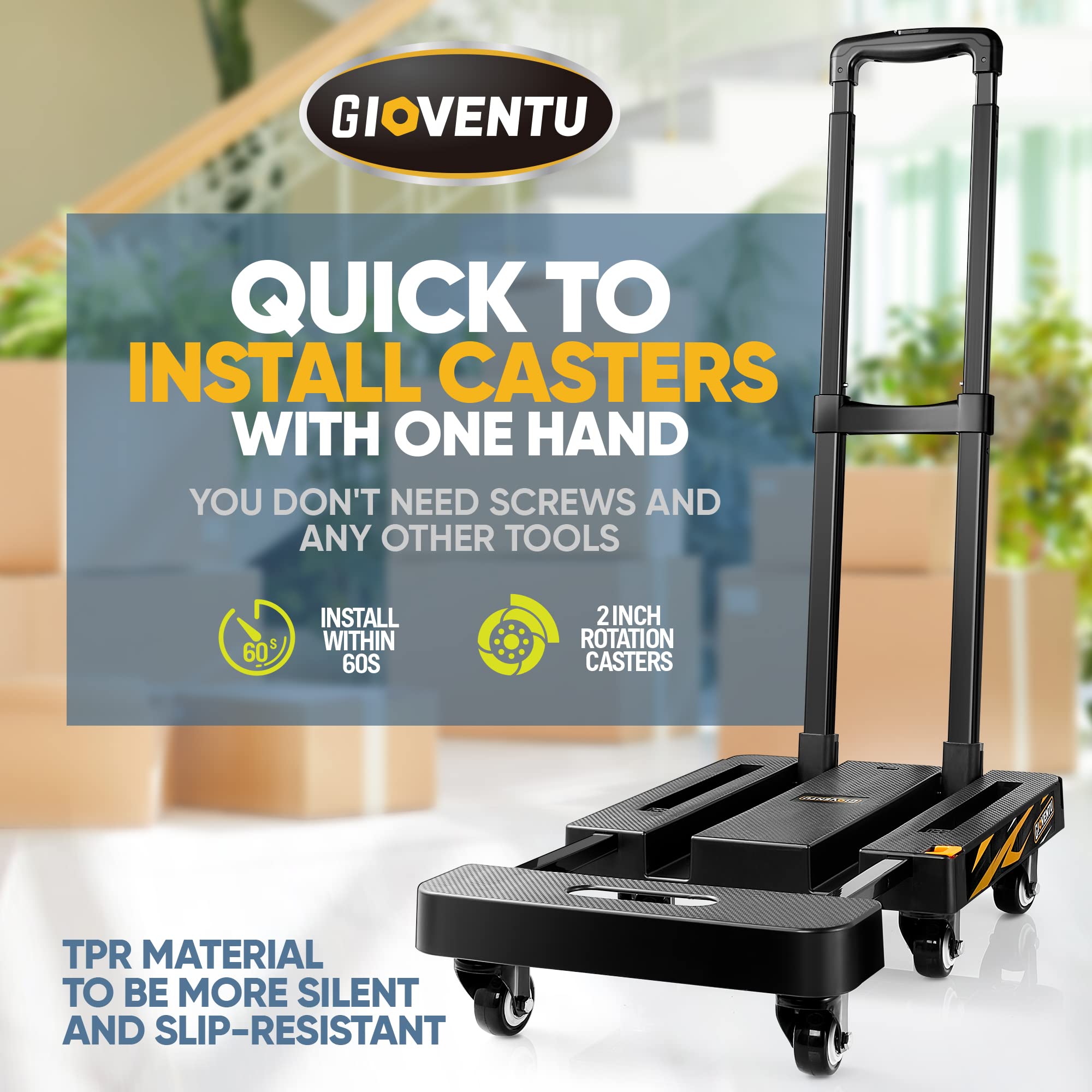 ππππ ππ©π π«ππππ Folding Hand Truck Dolly Cart (440LB), Heavy Duty Luggage Cart with TPR Wheels and Easy Setup Design, Portable Platform Truck Collapsible Dolly for Moving, Travel, Office Use