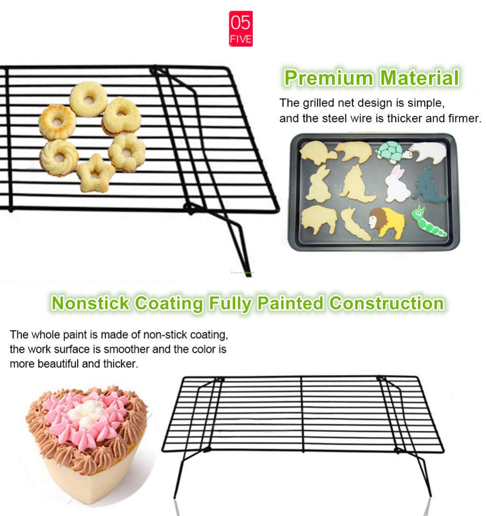 3 Tier Non Stick Cake Cooling Rack - Oven Safe, Heat Resistant, Space Saving Stackable Wire Tray with Collapsible Legs for Roasting, Cooking, Grilling, Drying, Plus Multi-use Basting Brush, 10x16 in