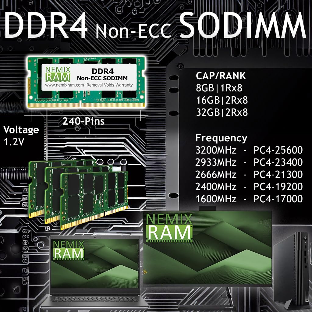 NEMIX RAM 64GB (2X32GB) DDR4 3200MHZ, 2933MHZ or 2666MHZ 260-PIN 1.2V Non-ECC Unbuffered SODIMM Laptop PC Memory KIT