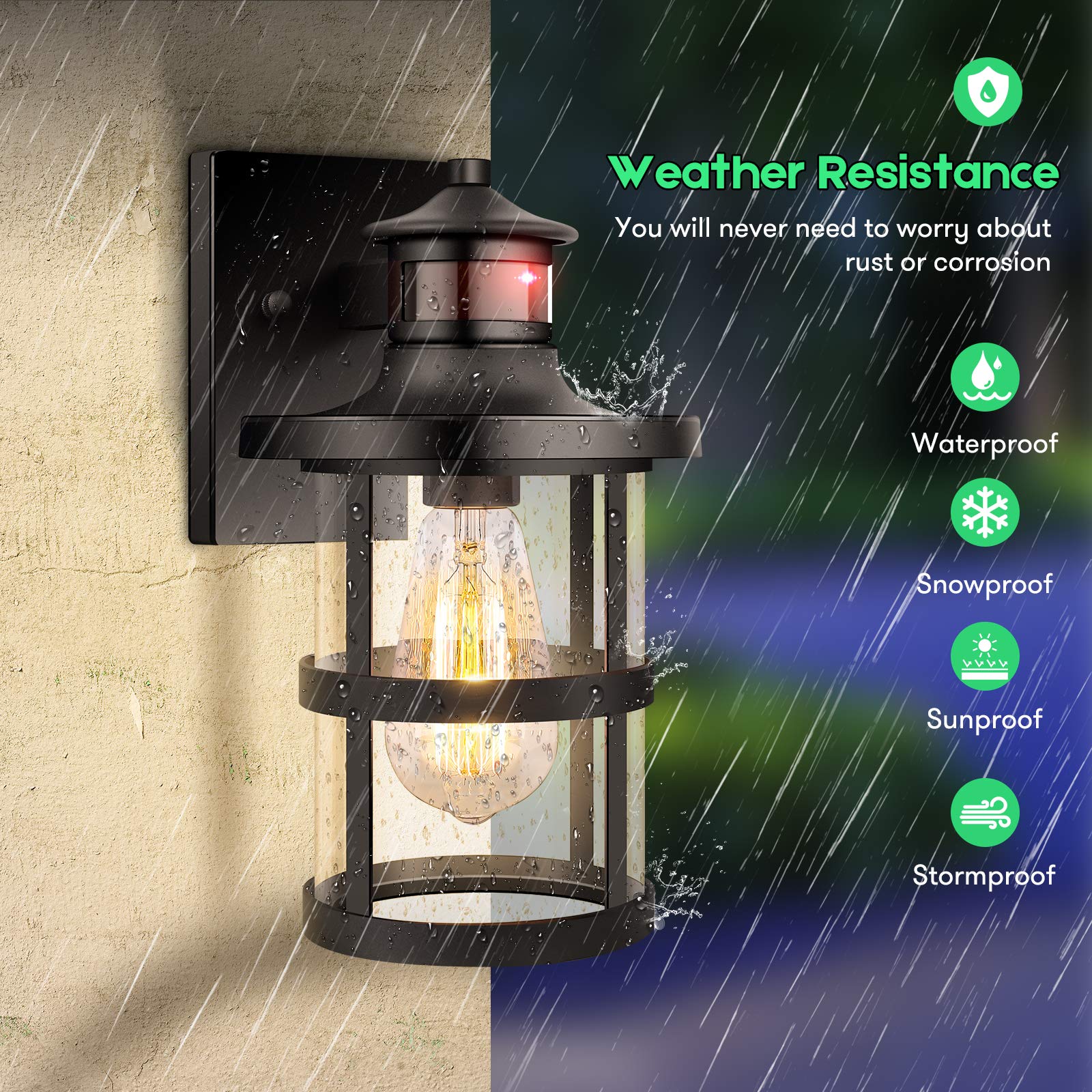 2-Pack Upgrade Outdoor Wall Lantern with Motion Sensor, Waterproof Dusk to Dawn Wall Sconce, Anti-Rust Porch Light Fixtures Wall Mount with Seeded Glass for Entryway Doorway Garage, Motion Activated