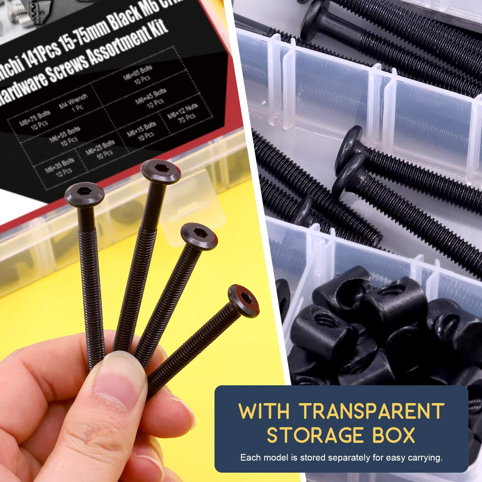 Hilitchi M6 140Pcs Black Hex Socket Head Screws Bolts Barrel Nuts Hardware Assortment Kit for Crib Baby Bed Furniture Cots and Chairs (15-75mm Assortment Kit)