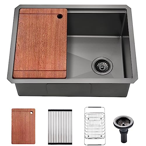 25 Inch Undermount Workstation Kitchen Sink, Gabhar Black Stainless Steel Kitchen Sink with Offset Drain
