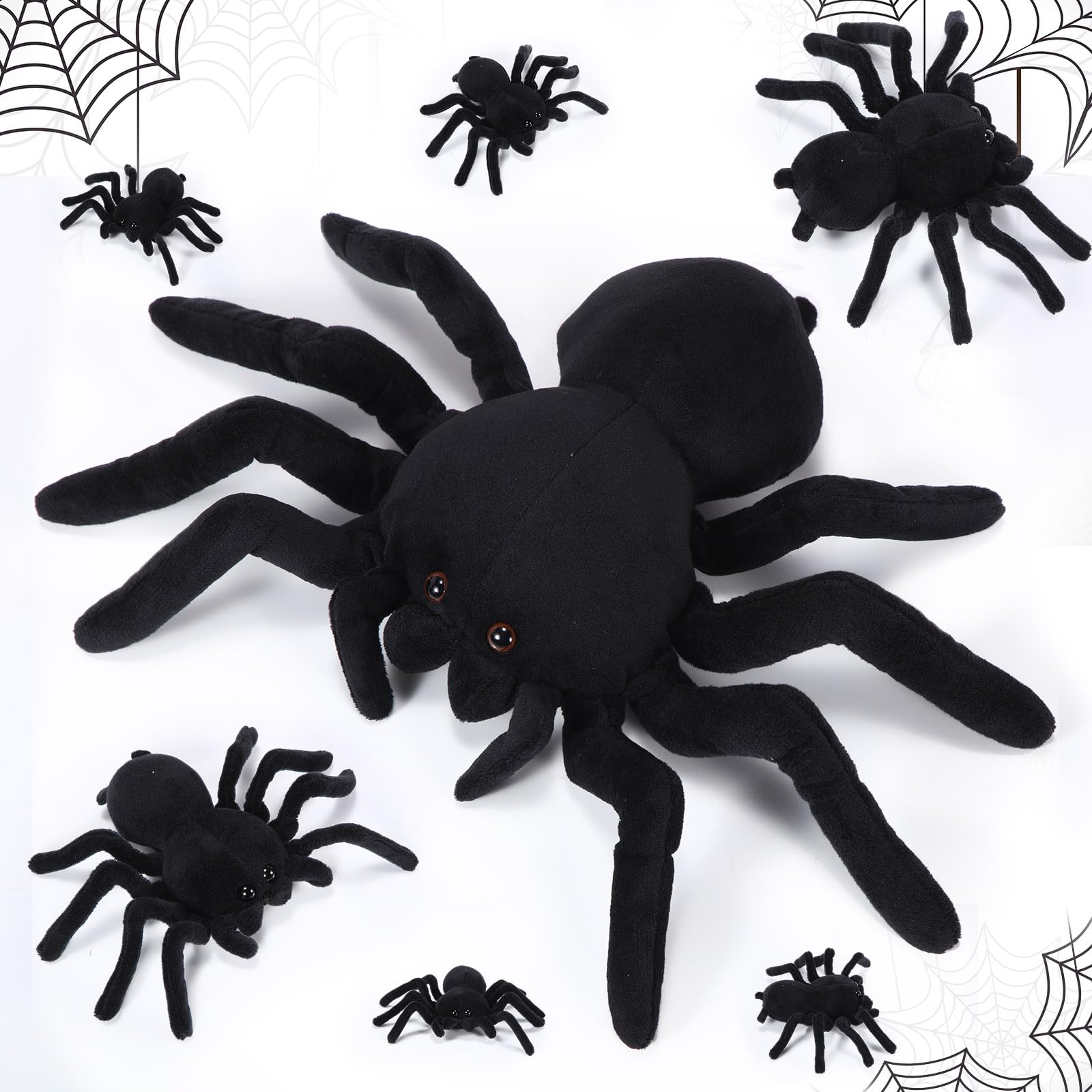 7 Pcs Black Spider Stuffed Animal 1 Giant Mommy Spider Stuffed Animal with 6 Realistic Plush Baby Spiders Plush Spider Pillow Toy Set for Halloween Funny Prank Toy