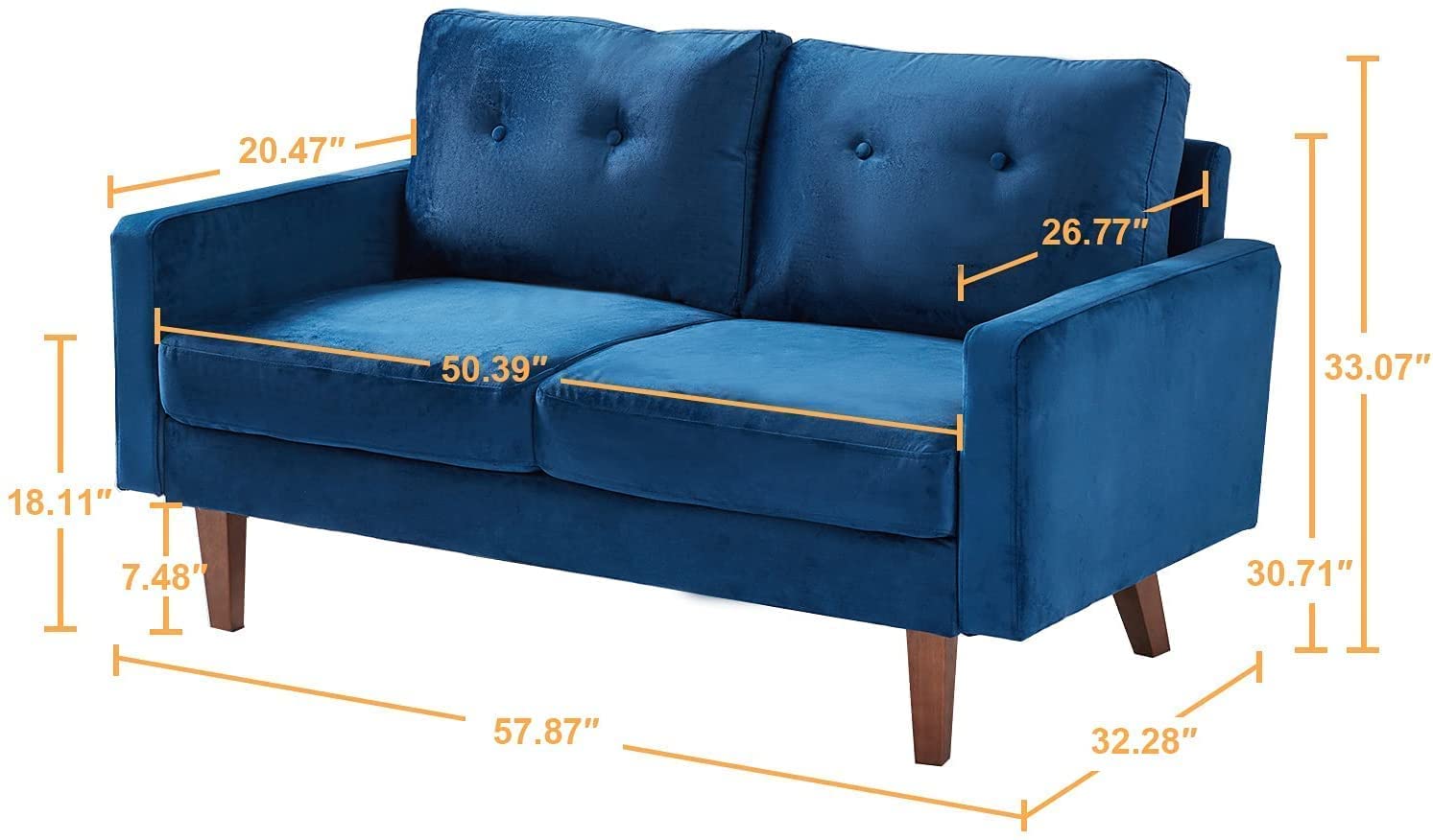 Bettermade Loveseat Sofa,Futon Sofa for Living Room, Velvet Cover Modern Design Couch,Tools-Free Assemble,2 Seats with 600 LB Load,Blue