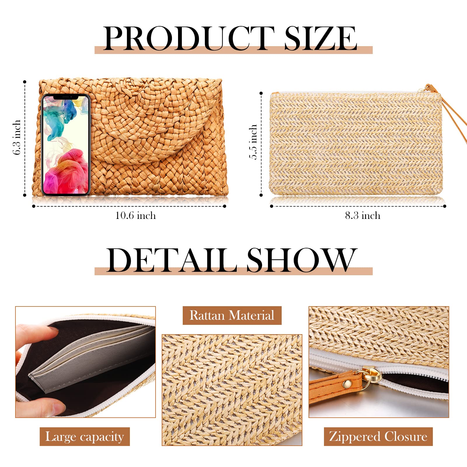 2 Pcs Women's Straw Clutch Purse and 4 Pairs Rattan Earrings Lightweight Boho Geometric Woven Straw Earrings (Elegant Style)