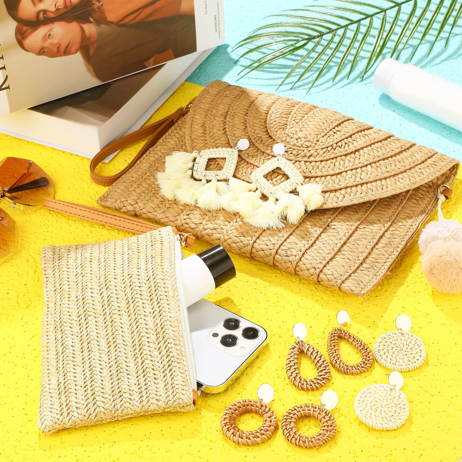 2 Pcs Women's Straw Clutch Purse and 4 Pairs Rattan Earrings Lightweight Boho Geometric Woven Straw Earrings (Retro Style)