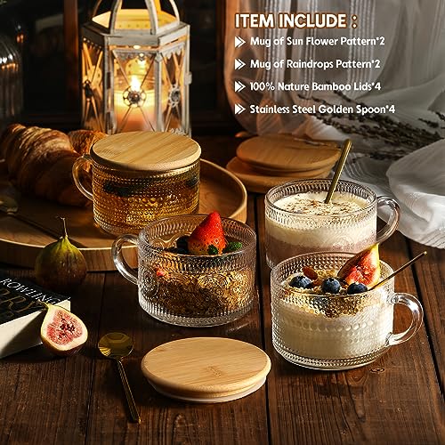 4pcs Set Vintage Coffee Mugs, Overnight Oats Containers with Bamboo Lids and Spoons - 14oz Clear Embossed Glass Cups, Cute Coffee Bar Accessories, Iced Coffee Glasses, Ideal for Cappuccino, Tea, Latte
