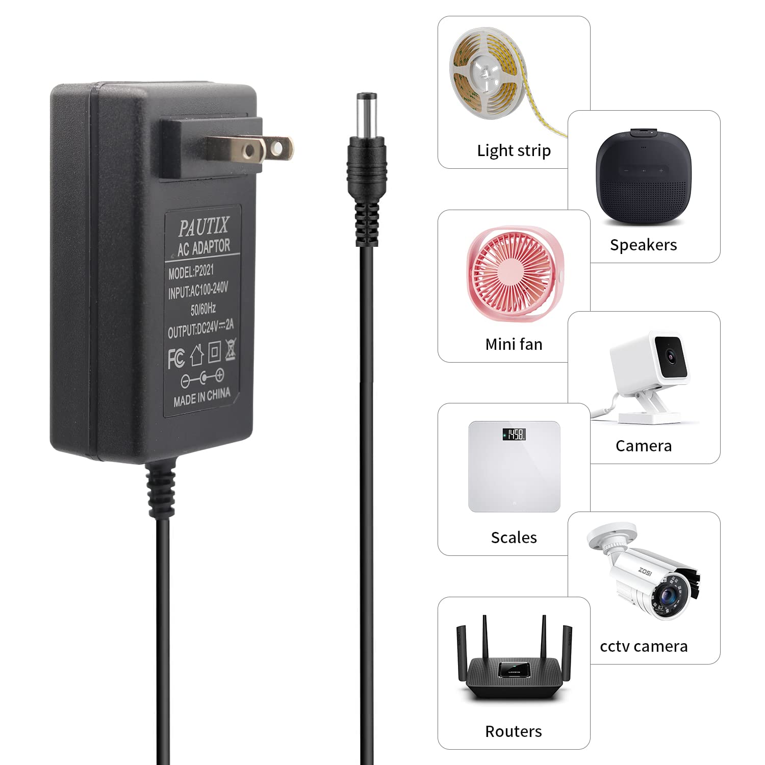 PAUTIX 24V DC Power Supply Adapter 24Volt 2A 48W AC to DC Converter Transformer 100-240V AC Input with 5.5 x 2.1mm US Plug for LED Strip, CCTV Camera
