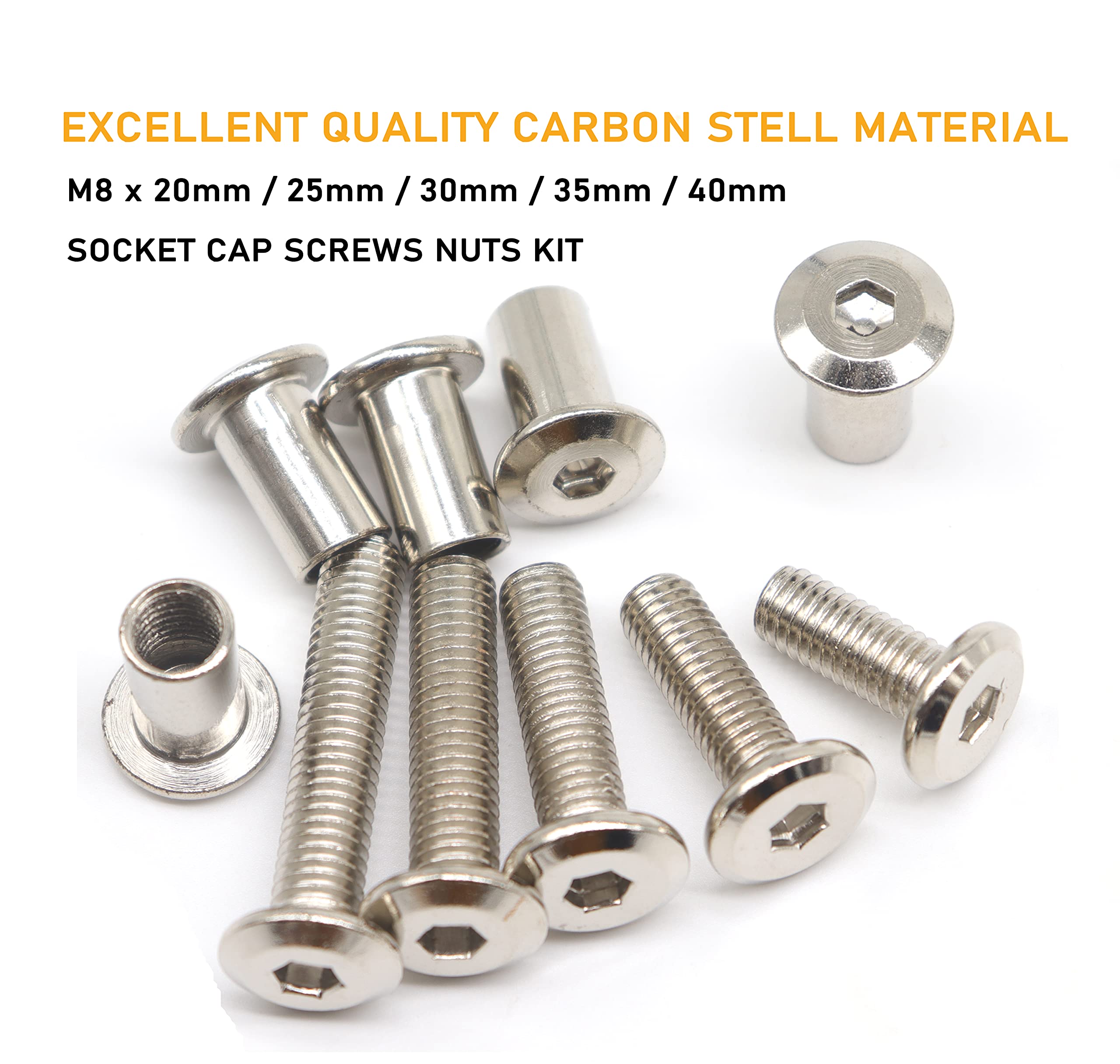 binifiMux 50pcs M8x20mm/25mm/30mm/35mm/40mm Rivet Countersunk Hex Socket Cap Bolts and Hex Head Barrel Nuts Assortment Kit for Furnitures Cribs Chairs, Nickel Plated