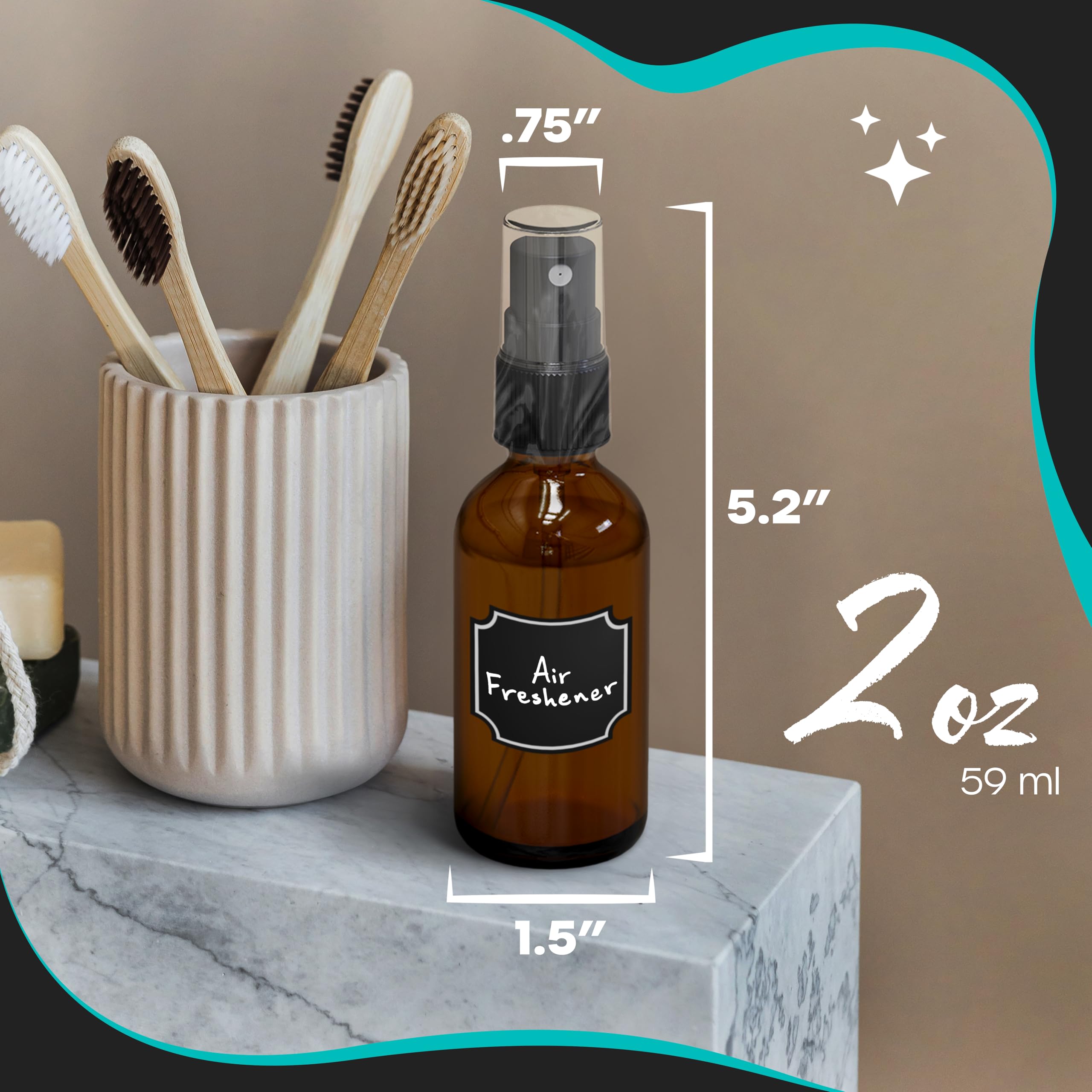 Nevlers 48 Pack Amber 2 Oz Spray Glass Bottle | The Amber Misting Glass Bottles Includes Sprayers & a Funnel and Brush with Bonus Labels to Easily Identify its Contents