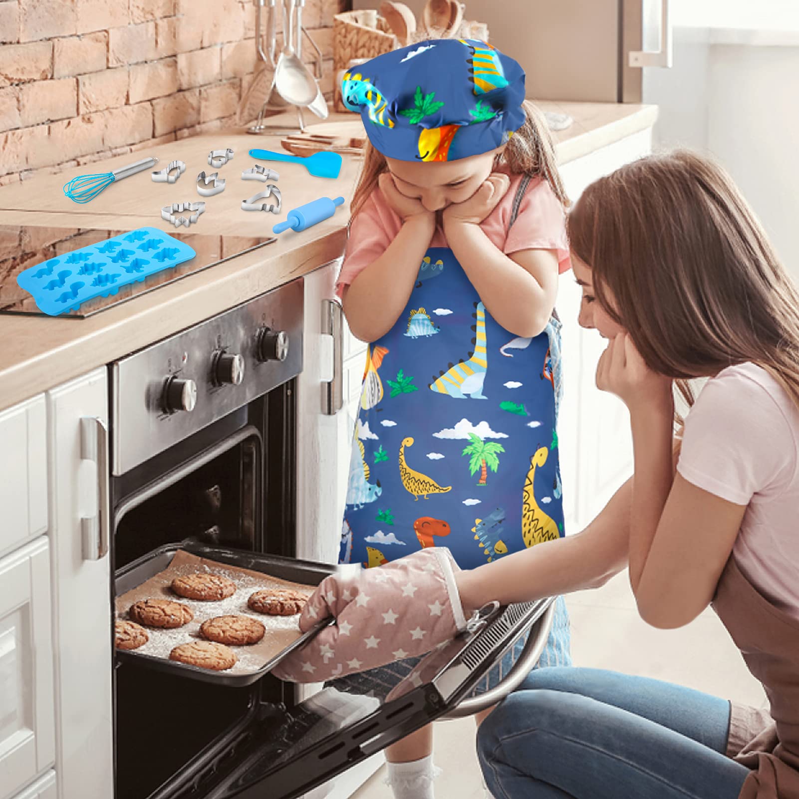 Aoskie Kids Baking Set with Dinosaur Apron and Chef Hat, Cooking Chef Set Baking Supplies Dress Up Role Play Toys Gift for 3-8 Years Old