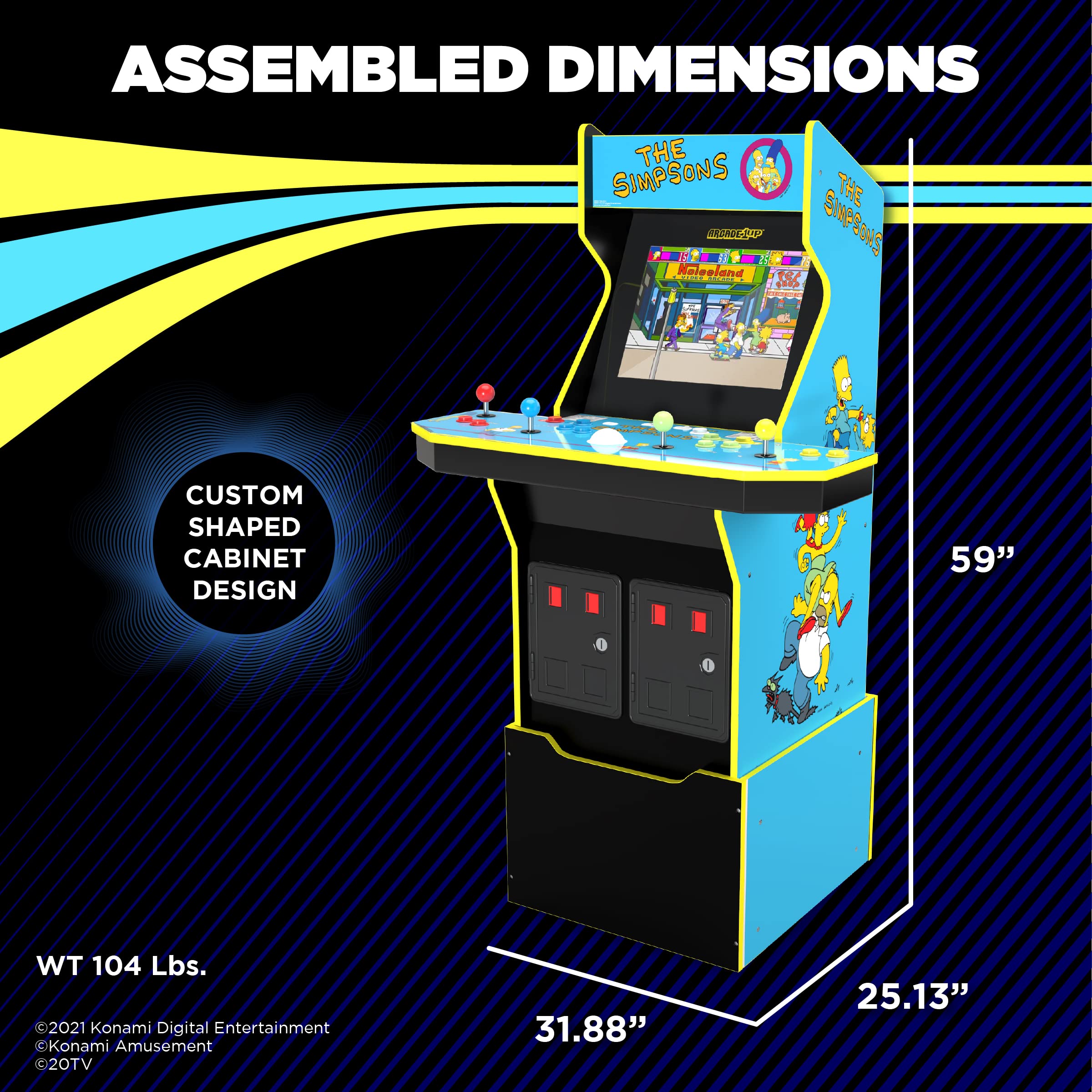 Arcade1Up The Simpsons Arcade Machine, 4-Foot β 4 Player Arcade Game Machine for Home, Live WiFi Enabled β Includes Custom Arcade Game Riser, Adjustable Stool, Light-Up Marquee, and Tin Wall Sign