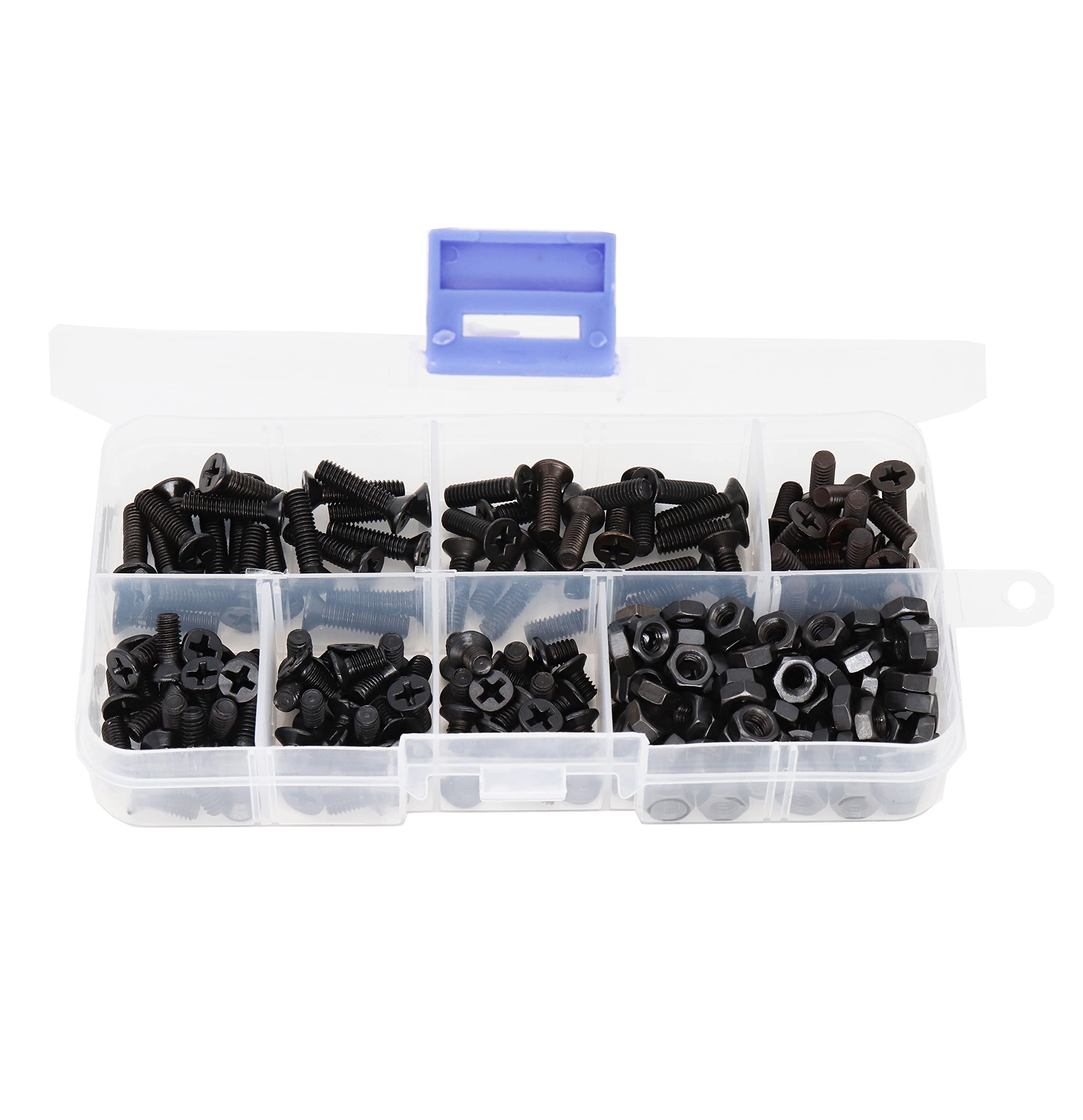 binifiMux M4 Flat Head Screws and Hex Nuts Phillips, M4 Countersunk Machine Screws, 220pcs (6 Sizes) M4-.7mm Black Bolts Nuts Assortment for Tv Stand,Computer Repairing, DIY
