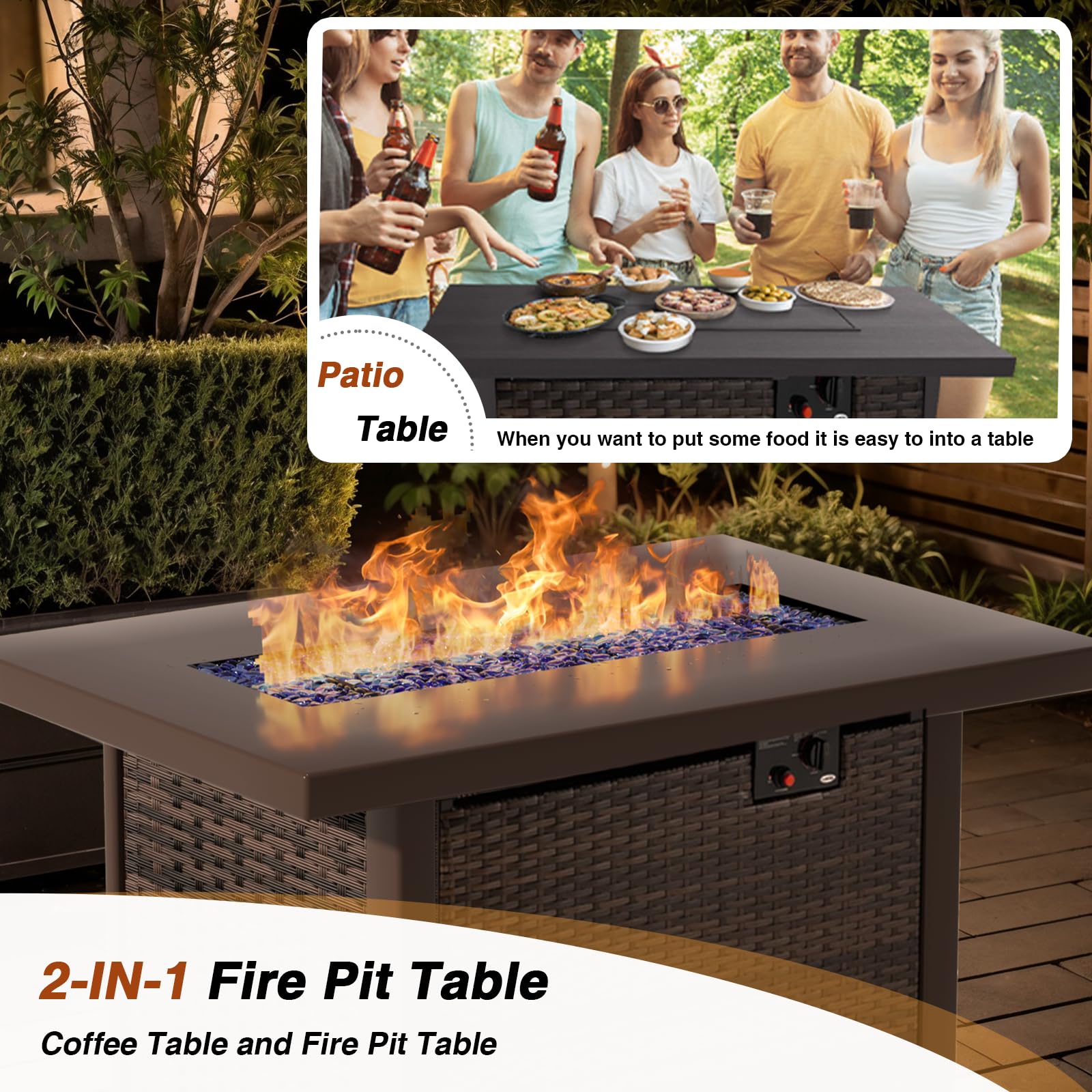 7 Piece Patio Furniture Set with Fire Pit Table, Rattan Outdoor Sectional Patio Conversation Sets with Seat Cushions for Backyard Deck Balcony Lawn and Garden, Black