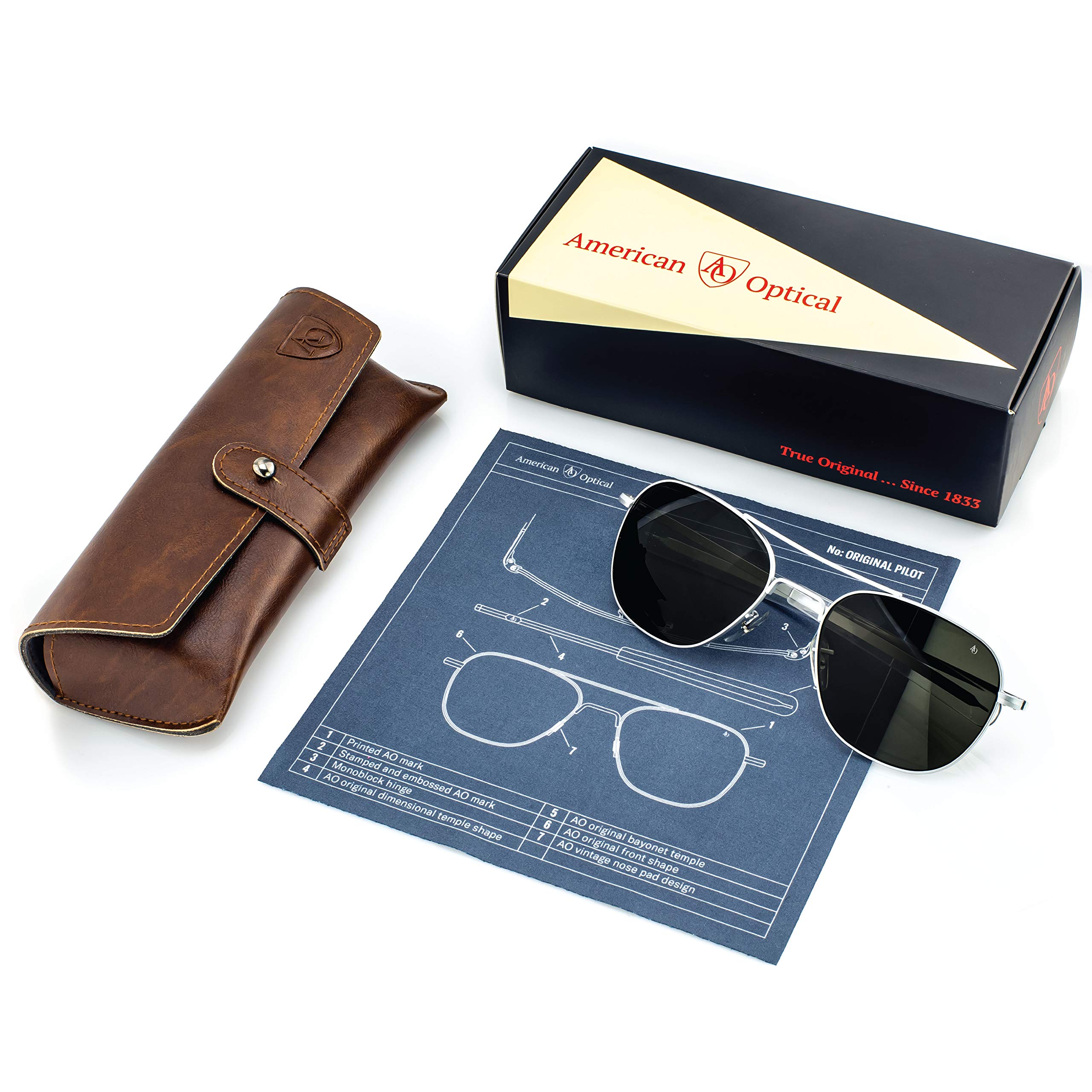 AO Original Pilot Sunglasses - Silver - True Color Gray SkyMaster Glass Lenses - Bayonet Temple - Polarized - 52-20-140