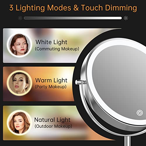 Lighted Makeup Mirror with Magnification, Rechargeable Double Sided 10X Magnifying Mirror with Light, 8 Inch Makeup Vanity Mirror with 3 Light Setting, Touch Control, Desktop Cosmetic Light Up Mirror