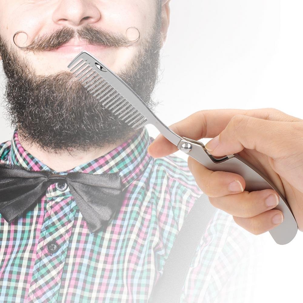 Folding Beard Comb, Portable Folding Mustache Tool Bottle Opener Portable Stainless Steel Beard Comb for Salon and Home Use