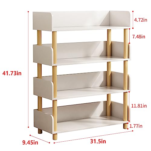 4-Tier Wooden Bookcase,White Bookshelf,Modern Open Bookshelf,Wood Storage Shelves Display Stand with Top Edge and Solid Wood Frame for Living Room,Bedroom,Home Office