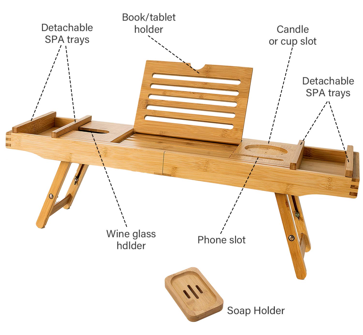 HBlife Bamboo Bathtub Caddy Tray with Extending Sides & Laptop Desk with Foldable Legs,Cellphone Tray and Wineglass Holder,Free Soap Holder (Natural)