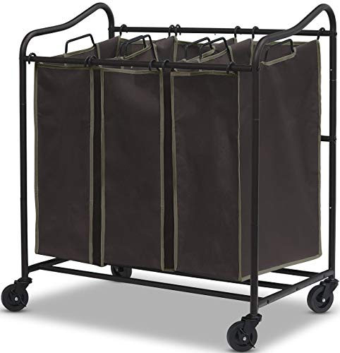 Simple Houseware Heavy Duty 3-Bag Laundry Sorter Rolling Cart + Foldable Laundry Hamper Basket with Lid, Brown