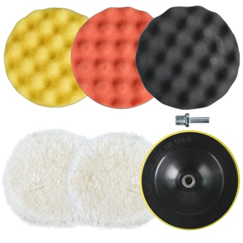 7 Pcs Waxing Buffing Pad Kit, 7 Inch Buffing and Polishing Pad Kit, 3 Pcs Polishing Sponge,2 Pcs Wool Pad, and a M14 Threaded Polisher Grip Backing Plate for Car Buffer Polisher, Polishing and Waxing