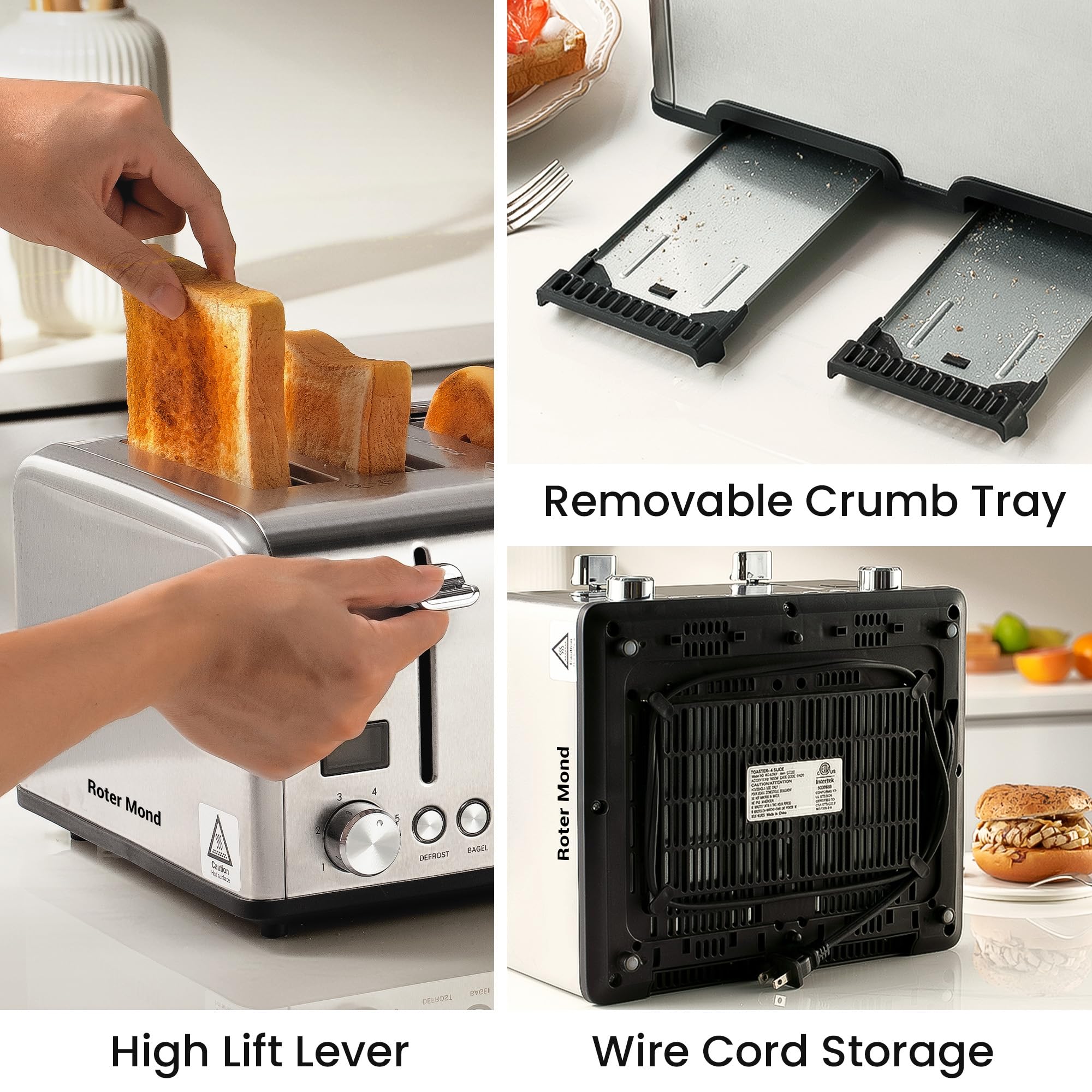 4 Slice Toaster, Roter Mond Countdown Stainless Steel Toaster with Bagel, Defrost, Cancel Function, Dual Toaster Extra Wide Slots, 6 Bread Shade Settings Bread Toaster, Removable Crumb Trays, 1650W