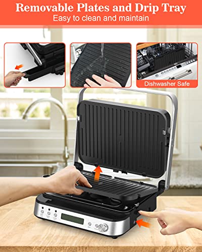 5 in 1 Indoor Grill, Panini Press Grill Sandwich Maker, CATTLEMAN CUISINE Electric Contact Grill and Griddle with Removable Nonstick Grill Plates, Smart Probe, LCD Display, Stainless Steel, 1600W